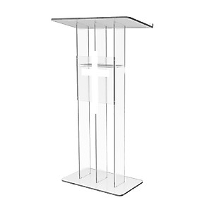 FixtureDisplays® Clear Podium Plexiglass Lecturn Transparent Church Pulpit with Christian Church White Cross Trinity Style Easy Assebmly Required 15411+1803CROSS-NF