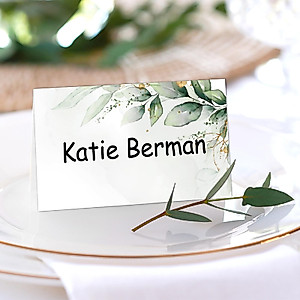 Whaline 100Pcs Greenery Place Card 2 x 3.5 Inch Watercolor Leaves Tented Card Green Foliage Table Name Sign For Party Banquet Reception Table Setting Supplies