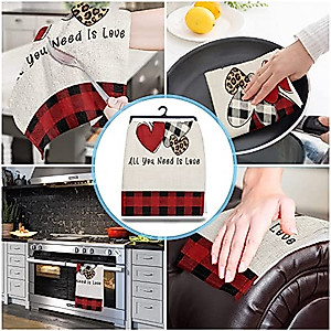 CirCleO Cotton Kitchen Towels 3 Pack, Vintage Heart Shape Black Red Buffalo Plaid Kitchen Dish Towels, Absorbent Dish Cloths/Bar Towels/Tea Towels/Hand Towels with Hanging Loop, Ultra Soft