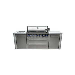 Mont Alpi MAi805-D 44-Inch 6-Burner 115000 BTU Stainless Steel Outdoor Kitchen Bar Island Barbecue Gas Grill w/Ceramic Infrared Rear & Side Burner + Granite Countertops + Storage Cabinets & Wheels