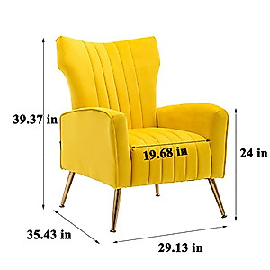 Artechworks Curved Tufted Accent Chair with Metal Gold Legs Velvet Upholstered Arm Club Leisure Modern Chair for Living Room Bedroom Patio, Yellow