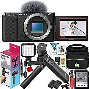Sony ZV-E10 Mirrorless Alpha Interchangeable Lens Camera Body Vlogger Kit ILCZV-E10/B Black Bundle with ACCVC1 Including GP-VPT2BT Grip + Deco Gear Photography Case + Extra Battery & Accessories Kit