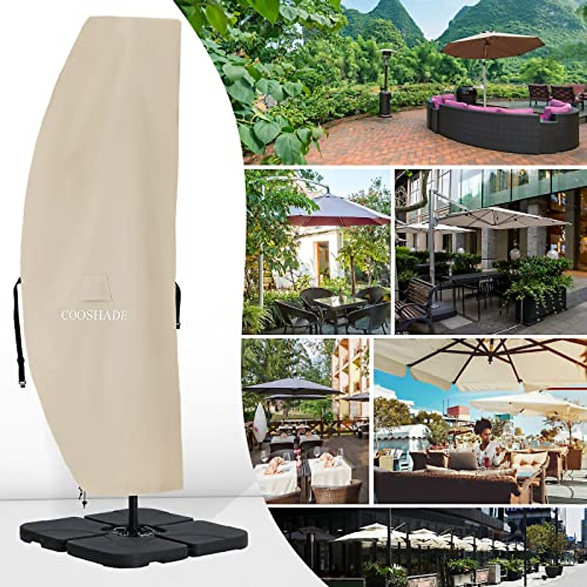 COOSHADE 600D Patio Umbrella Parasol Cover Waterproof Outdoor Anti-UV Protective Cover with Zipper Fits Cantilever Offset Umbrella 7.5-15 Feet, Khaki