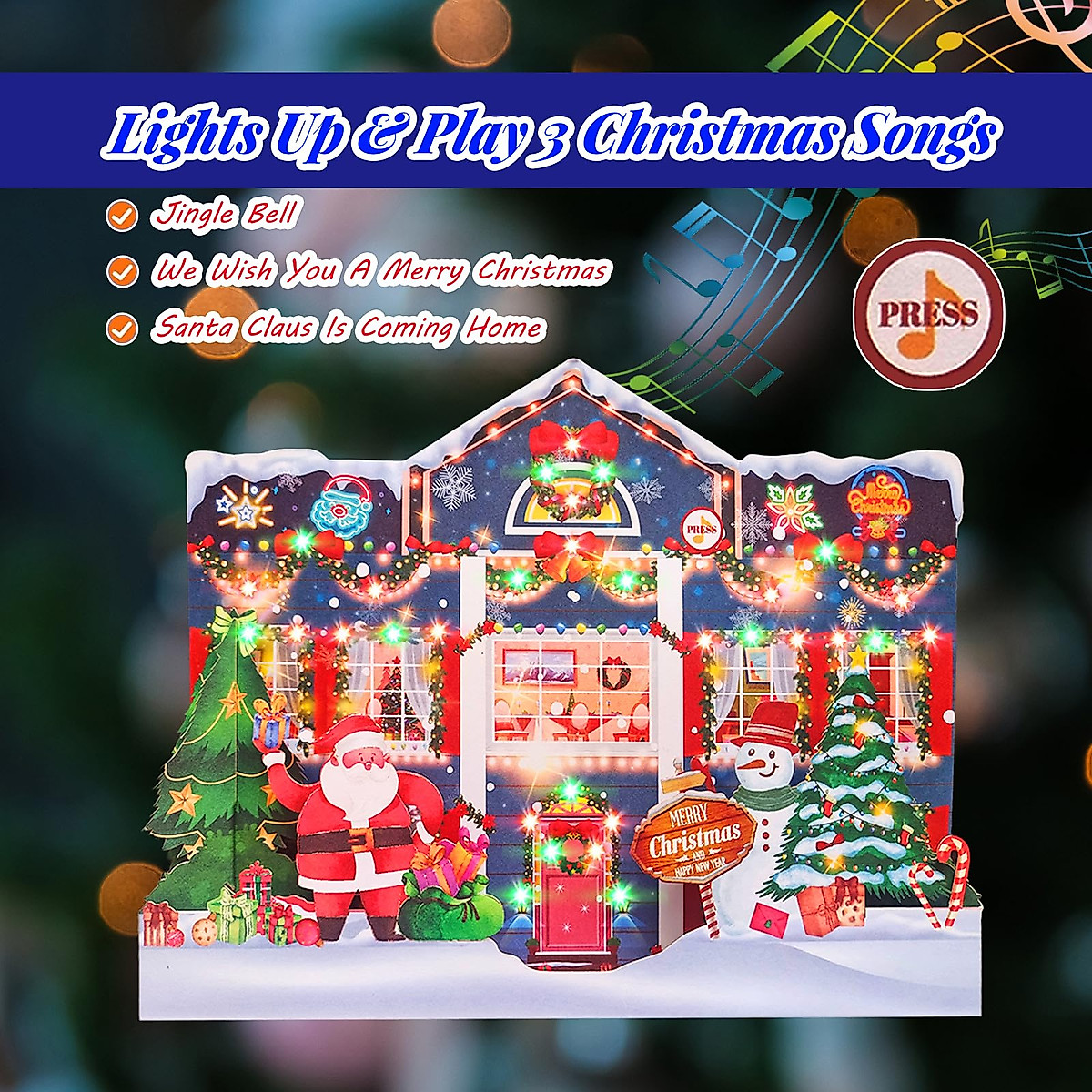 MZD8391 3D Pop Up Christmas Cards with Music & Lights, Animated Christmas Gift Card, Playing 3 Christmas Songs with 3 Matching Lights Blinking Modes (Envelope Included)