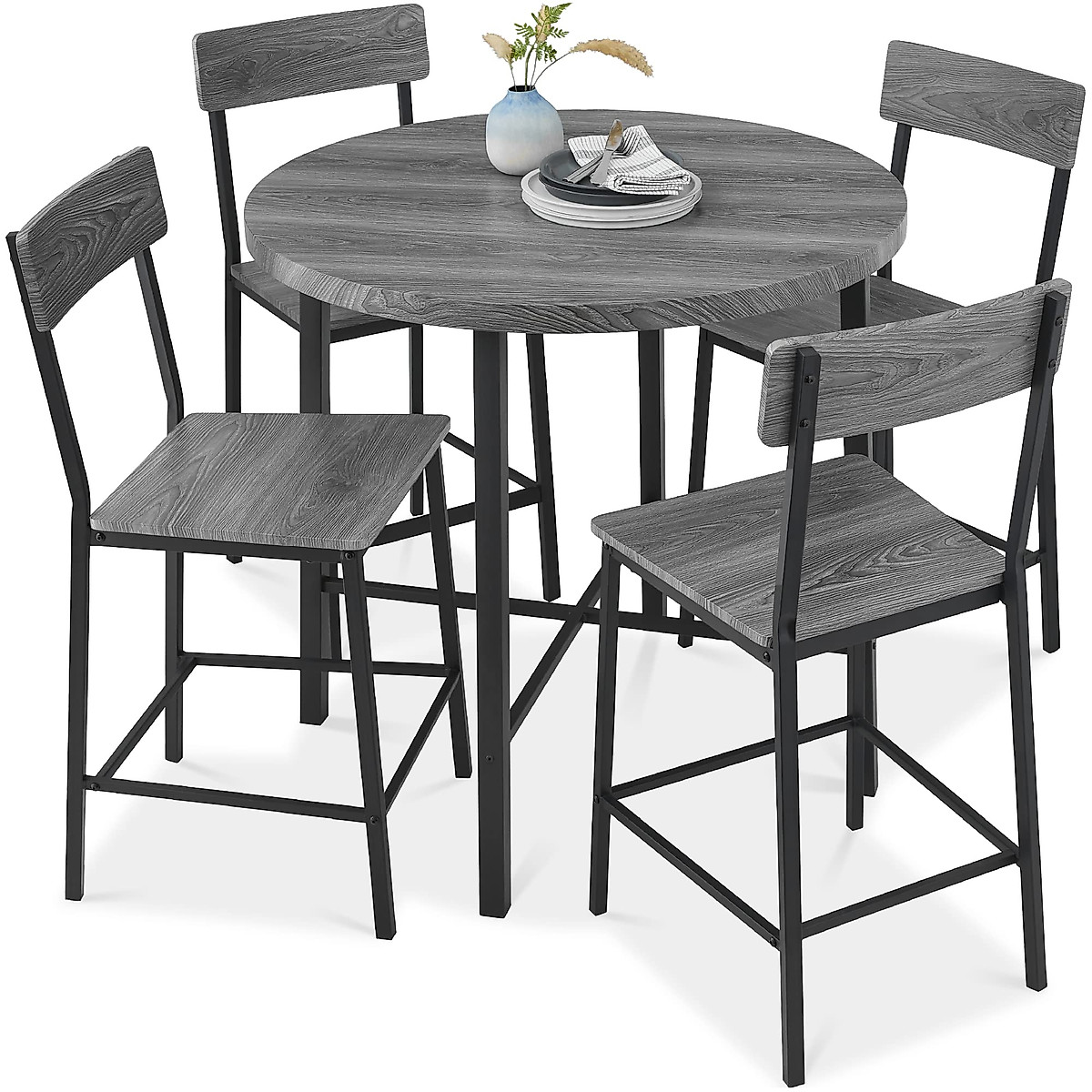 Best Choice Products 5-Piece Modern Round Counter Height Dining Set for Home Kitchen, Dining Room w/ 4 Chairs, 1.5in Thick Table - Gray
