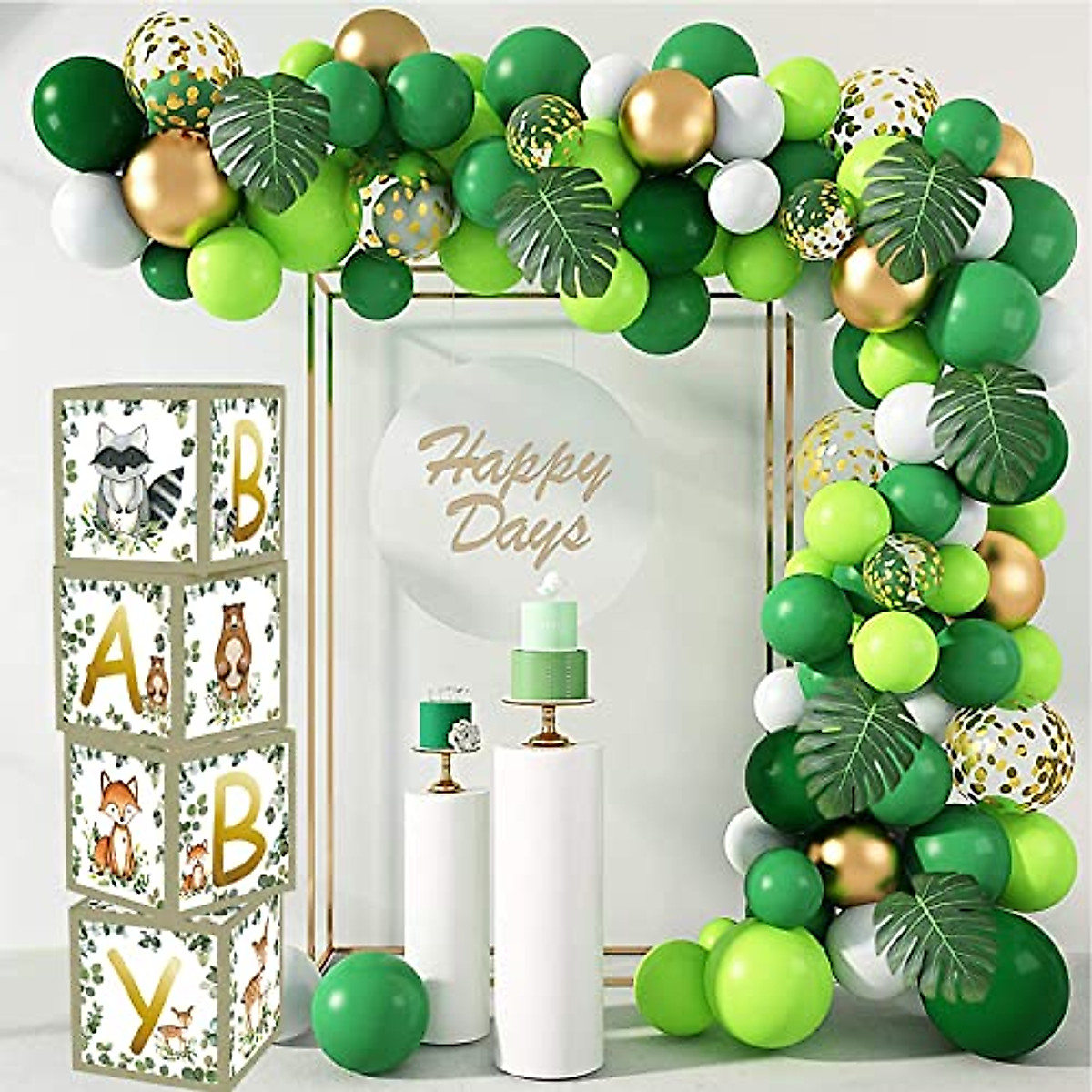 YARA Woodland Baby Shower Decorations Boxes for Boy Girl, Sage Green Party Decor Letters, Boho Baby Blocks Decoration Backdrop, Neutral Gender & Reveal Box Centerpieces, Forest Animals Greenery Theme