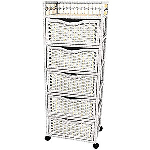 Oriental Furniture 46" Natural Fiber Chest of Drawers on Wheels - White