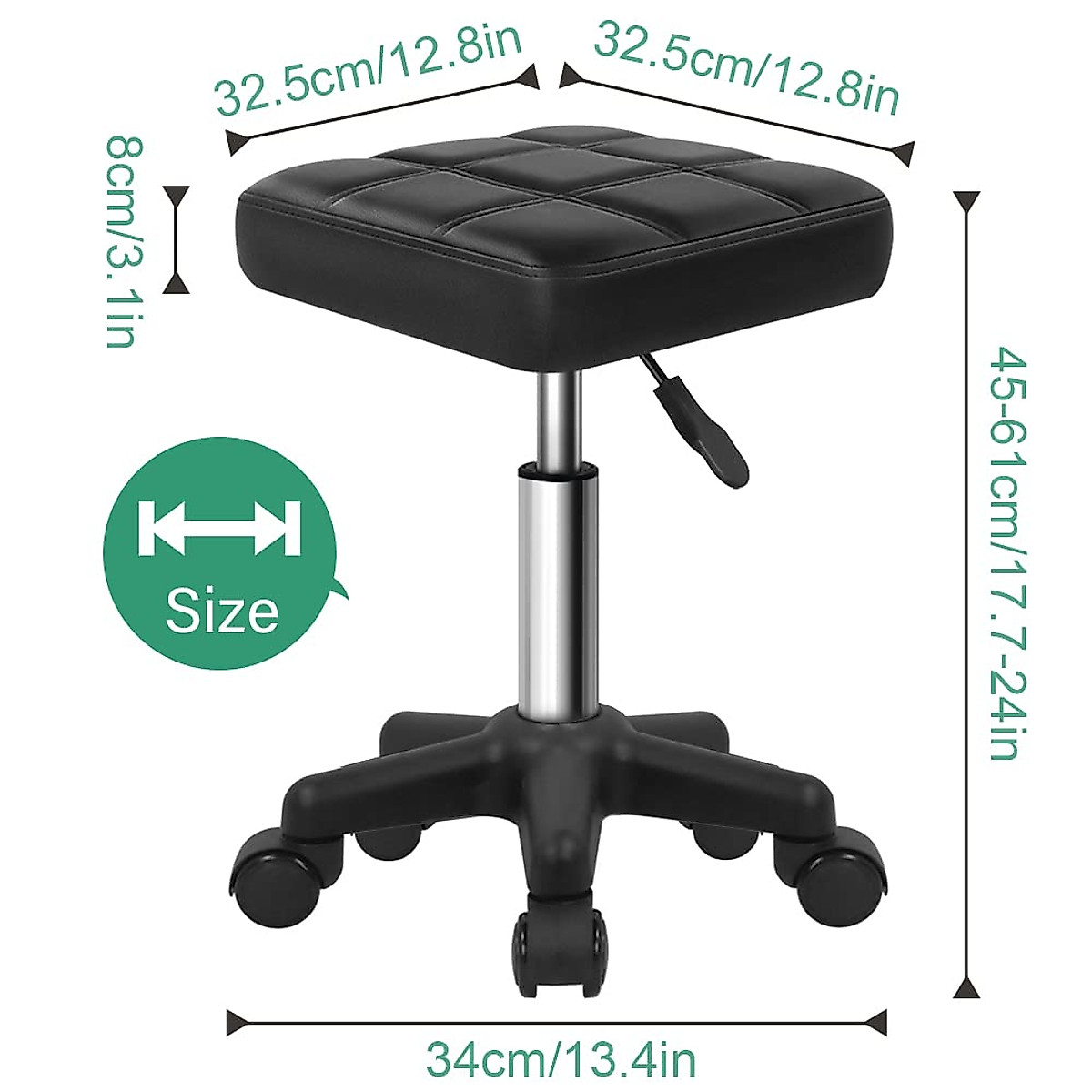 FURWOO Square Swivel Stool with Wheels PU Leahter Rolling Stool Height Adjustable Stool for Spa Salon Massage Black