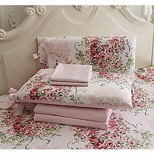 FADFAY Shabby Floral Bedding Set Queen Size Sheet Set 4 Piece Premium 100% Cotton Pink Rose Pattern :1 Deep Pocket Fitted Sheet, 1Flat Sheet, 2 Pillowcases (Standard Size)