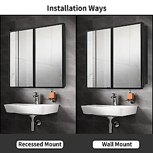 Movo 30 Inch x 27 Inch Farmhouse Black Metal Framed Recessed or Surface Bathroom Medicine Cabinet with Mirror Rectangle Tilting Beveled Vanity Mirros for Wall