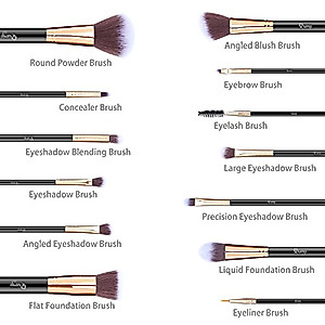 Qivange Makeup Brushes, Professional Foundation Eyeshadow Blending Brushes Set with Brush Holder+ Sponge & Brush Cleaner(Black with Rose Gold, 12pcs)