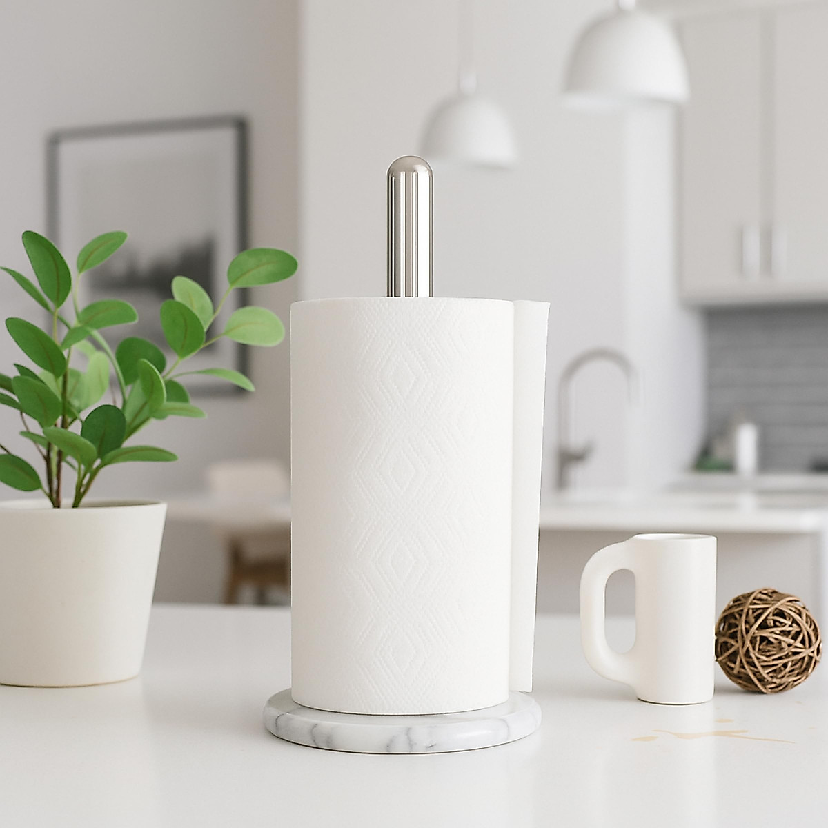 Creative Home Natural Marble Base Paper Holder Kitchen Towel Dispenser with Chrome Plated Pole, 5-1/2" Diam. x 12-5/8" H, Off-White (patterns may vary)