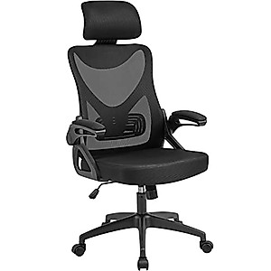 Yaheetech Ergonomic Mesh Office Chair, High Back Desk Chair with with flip-up Armrests, Adjustable Padded Headrest Computer Chair with Lumbar Support for Home Oiffce Game Room, Black
