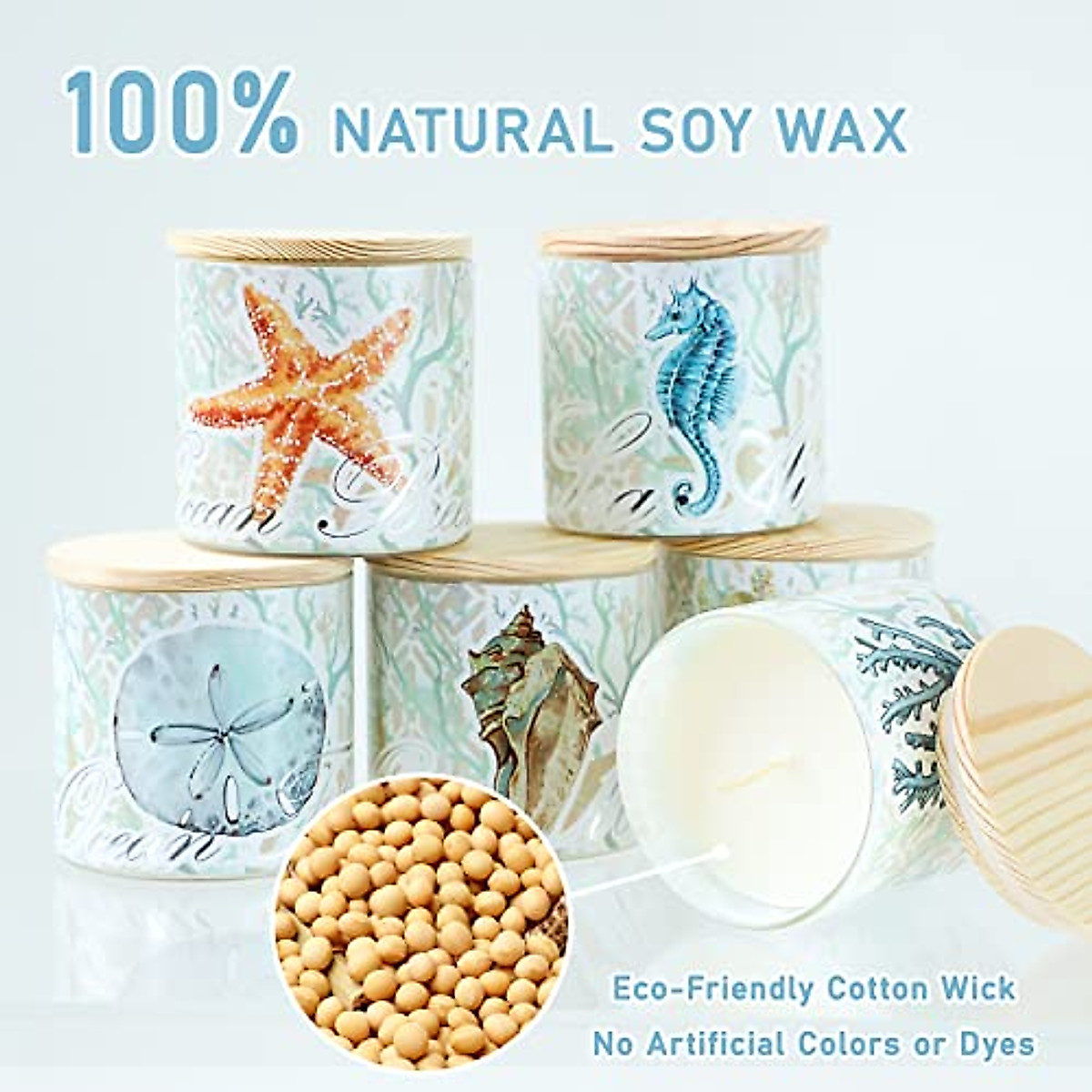 Jar Candles Scented with Lid Gift Set of 6 Ocean Theme Jar Different Fragrance Candles Soy Wax Aromatherapy Jar Candles Take Harsh Smells Away Candles for Home Scented Stress Relief and Relaxation