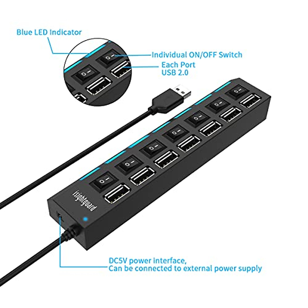 Multi Port USB Splitter, 7 in 1 USB Port 2.0 Hub with High Speed Individual ON/Off Switches and LEDs USB Port Expander (7-Port USB)