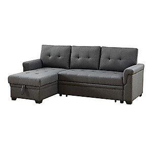HABITRIO Sectional Sofa with Chaise, 84" L-Shape Loveseat Couch w/Roll-Out Sleeper Bed, Reversible Storage Lounge, Dark Grey Linen Upholstered Seating Furniture for Living Room