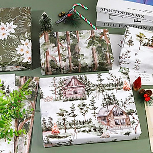 Dtiafu Forest Green Wrapping Paper 4 Watercolor Woodland Style Gift Wrap Paper Bulk Green Tree and Farmhouse for Christmas Wedding Baby Shower, 20 X 28 Inch, Folded Flat (8 Sheet)