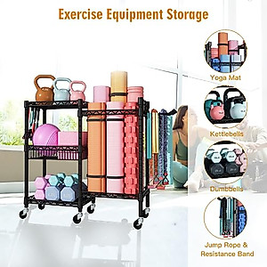 FUTASSI Home Gym Storage, Rolling Yoga Mat Storage and Organizer, Sports Equipment Storage Rack for Yoga Mats, Dumbbells, Kettlebells, Foam Rollers, Resistance Bands, 11.8"D x 36"W x 32.5"H, Black