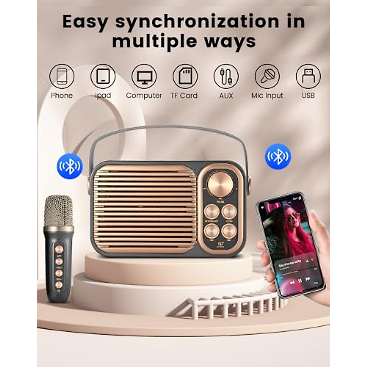 ALPOWL Mini Karaoke Machine for Adults Kids, Portable Bluetooth Speaker with Retro Radio Appearance, One-Click to Cancel The Original Sound for Home Party, Outdoor/Indoor