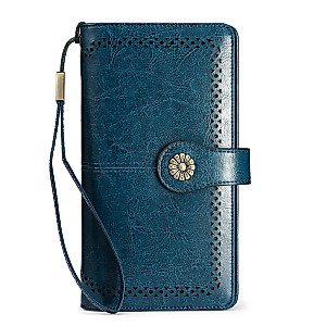 MANBANG Wallets for Women Leather Credit Card Holder with RFID Blocking Large Capacity Wristlet (Blue)