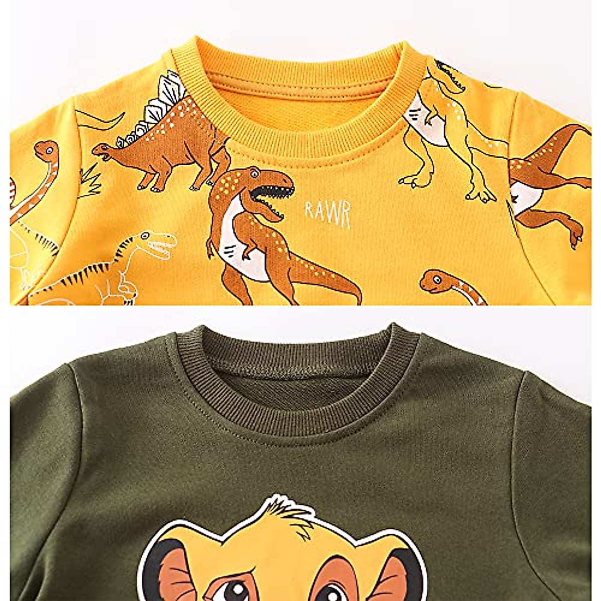 Azalquat Toddler Boys Crewneck Sweatshirt, Cotton Long-Sleeve Pullover Cartoon Print (Yellow Dinosa/Lion, 18-24 Months)