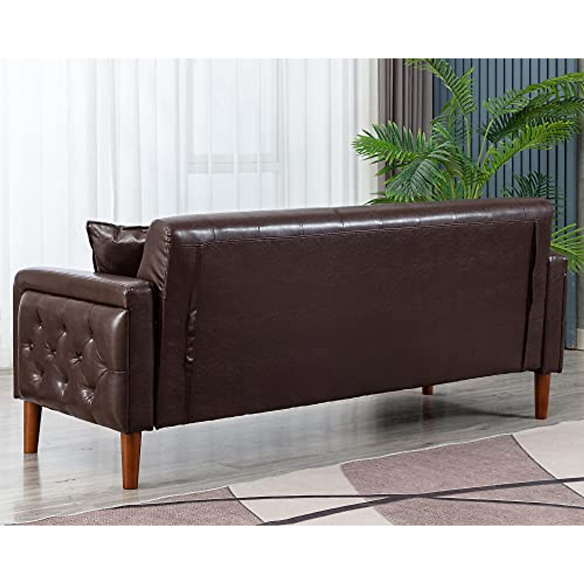 Aoowow Faux Leather Sofas and Couches 78 Inches Long, Mid Century Modern Couch Tufted Back Sofa with 2 Throw Pillows, Armrest and Wooden Legs for Living Room, Apartment, Bedroom (Brown)