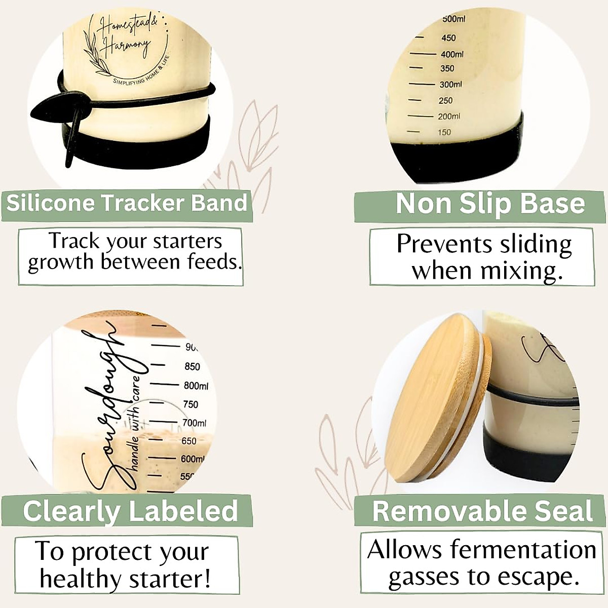 Sourdough Starter Kit - Sourdough Kit Includes Wooden Spurtle, Glass Jar w/ Bamboo Lid, Cloth & More - Non-Slip Silicone Base Sourdough Bread Baking Supplies - Bread Making Kit for Beginners & Pros