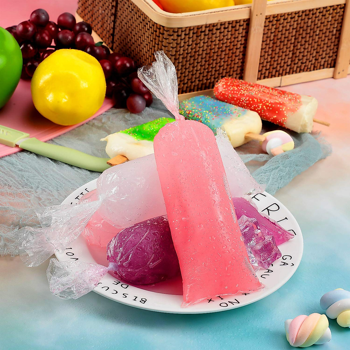 Ice Bags Disposable Ice Pop Mold Bags Plastic Ice Candy Bags for Making Ice Pop Yogurt Candy Freeze Pops (120)
