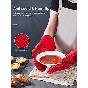 Oven Mitts, Heat Resistant Kitchen Oven Gloves 572°F, Non-Slip Silicone Surface, Extra Long Flexible Thick Mitts for Kitchen, Cooking, Baking, BBQ, Grid Red