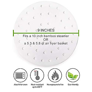 100pcs Air Fryer Liners, Vancens 9 inch Bamboo Steamer Liners, Premium Perforated Parchment Paper Sheets, Non-stick Basket Mat, Perfect for 5.3 & 5.8 QT Air Fryers/Steaming/Baking/Cooking