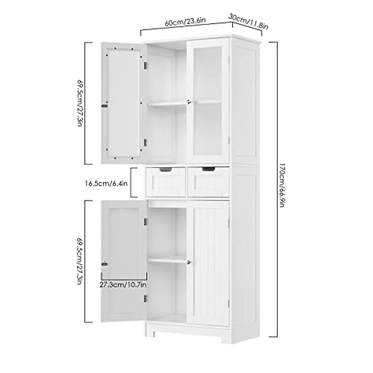 HORSTORS Tall Storage Cabinet, Freestanding Kitchen Pantry Cabinet with Glass Doors and Shelves, Large Modern Cupboard with 2 Drawers for Home Office, White, 23.6" L x 11.8" D x 66.9" H