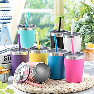 8 Pack Kids Cups with Straw and Lid Stainless Steel Insulated Tumbler with Spill Proof Lid Metal Straw Cups with Silicone Sleeve for Toddlers Children Cold Hot Drinking Glasses Cup, 8 Colors (12 Oz)