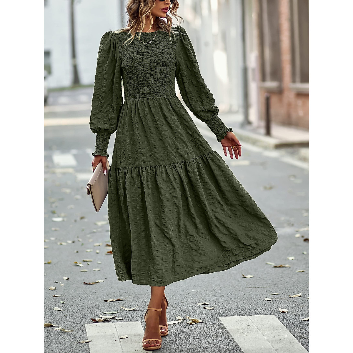 PRETTYGARDEN Women 2024 Puff Long Sleeve Crewneck Smocked Maxi Dress Solid Empire Waist Tiered A-line Swing Flowy Long Dress(Army Green,X-Large)