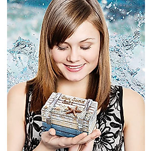 CoTa Global Coastal Horizon Wooden Jewelry Box - Handcrafted Nautical Trinket with Seashell and Starfish Decorations, Accent Tabletop Home Decor, Jewelry Storage - 4.25 Inch