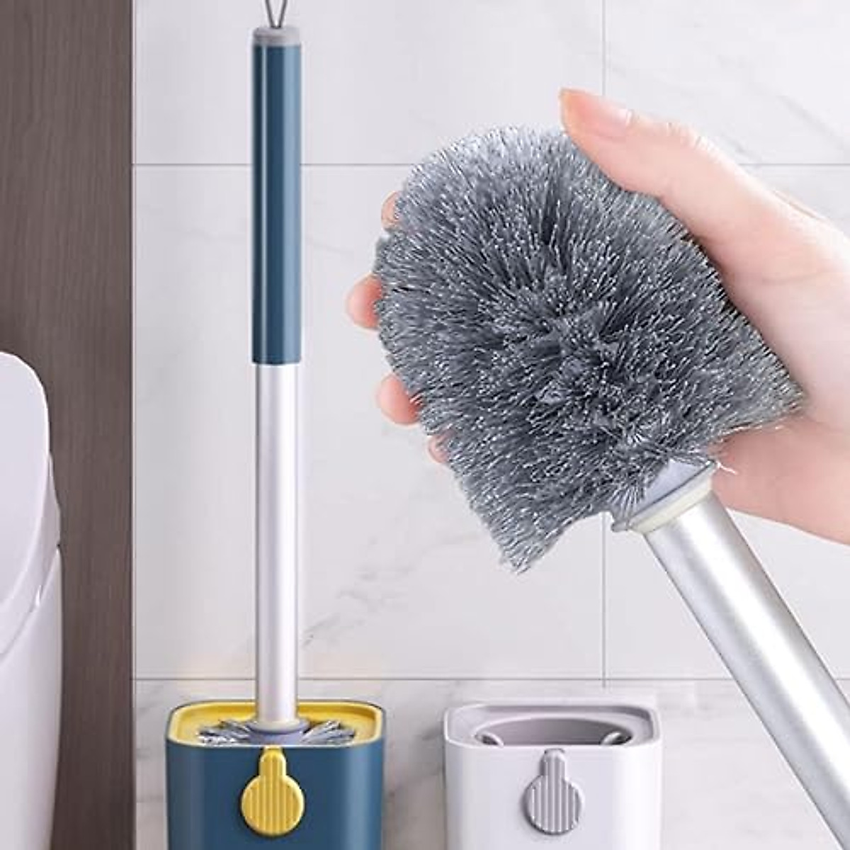 SAAKO Toilet Bowl Brush Round Brush Head Toilet Brush with Ventilation Holder and Long Ergonomic Handle Toilet Cleaner Brush