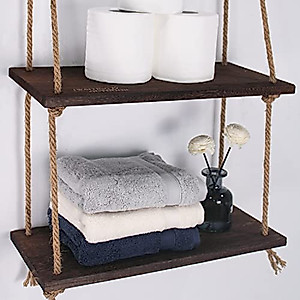 Iwaiting Outdoor Hanging Shelves for Wall, 2 Tier Antique Wood Floating Hanging Shelf with Handmade Twine Weaving Process, Suitable for Bedroom Living Room Bathroom Hanging Window Plant Shelves Decor