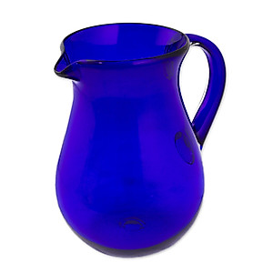 NOVICA Large Blue Hand Blown Glass Pitcher For Water, Margaritas, Lemonade, 82 Oz, 'Cobalt Charm'