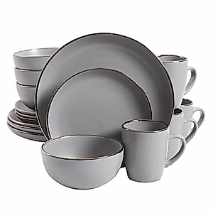 Gibson Home Rockaway Dinnerware, Service for 4 (16pcs), Grey/Gold Rim