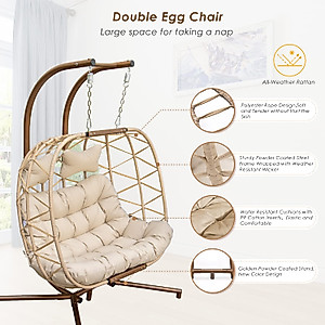 NICESOUL® Double Egg Chair Oversized 2 Person Patio Swing Chair with Stand, Indoor Outdoor Large PE Wicker Egg Shaped Hanging Egg Chair Thick Cushion (Beige)
