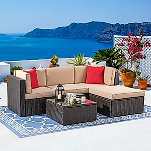 Vongrasig 5 Piece Patio Furniture Sets, All-Weather Brown PE Wicker Outdoor Couch Sectional Patio Set, Small Patio Conversation Set Garden Patio Sofa Set w/Ottoman, Glass Table, Red Pillow, Beige
