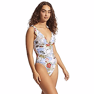 Seafolly Women's V Neck One Piece with High Legline Swimsuit, Coast to Coast Powder Blue, 8