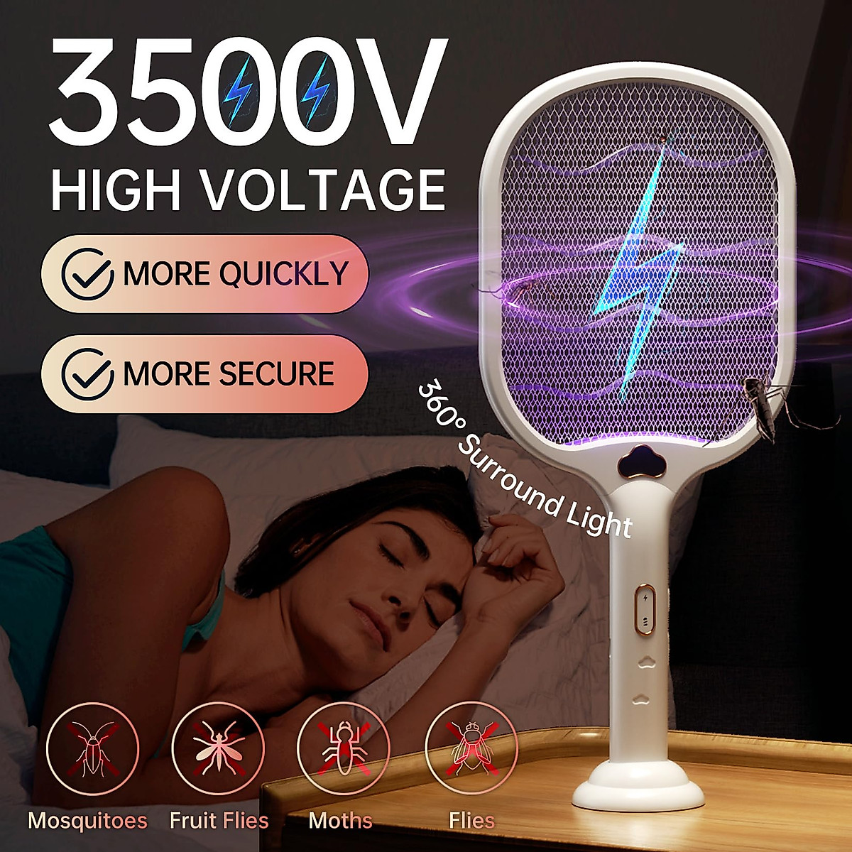 Electric Fly Swatter Racket 3500V buzzkick Bug Zapper Racket Dual Modes Mosquito Killer with Purple Mosquito Light Rechargeable for Indoor Home Office Backyard Patio Camping