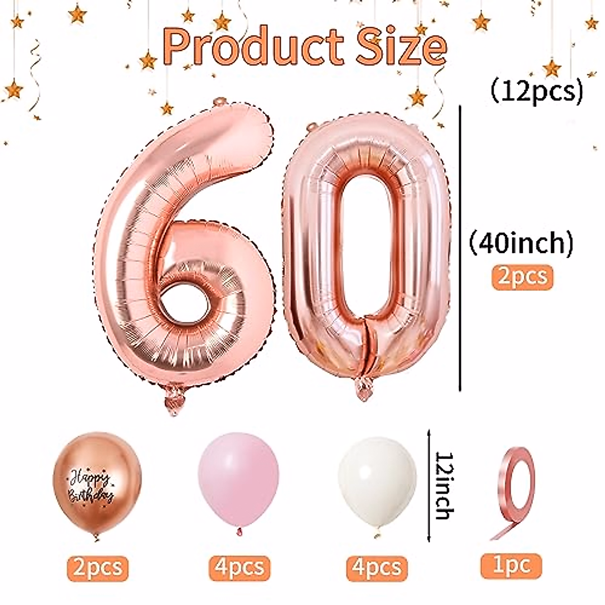 Funhot 40 Inch Rose Gold Number 60 Balloon, 60th Birthday Balloons, Rose Gold Birthday Print Matt White Pink Latex Balloons Giant 60 Foil Balloons for Women 60th Birthday Party Decoration Anniversary