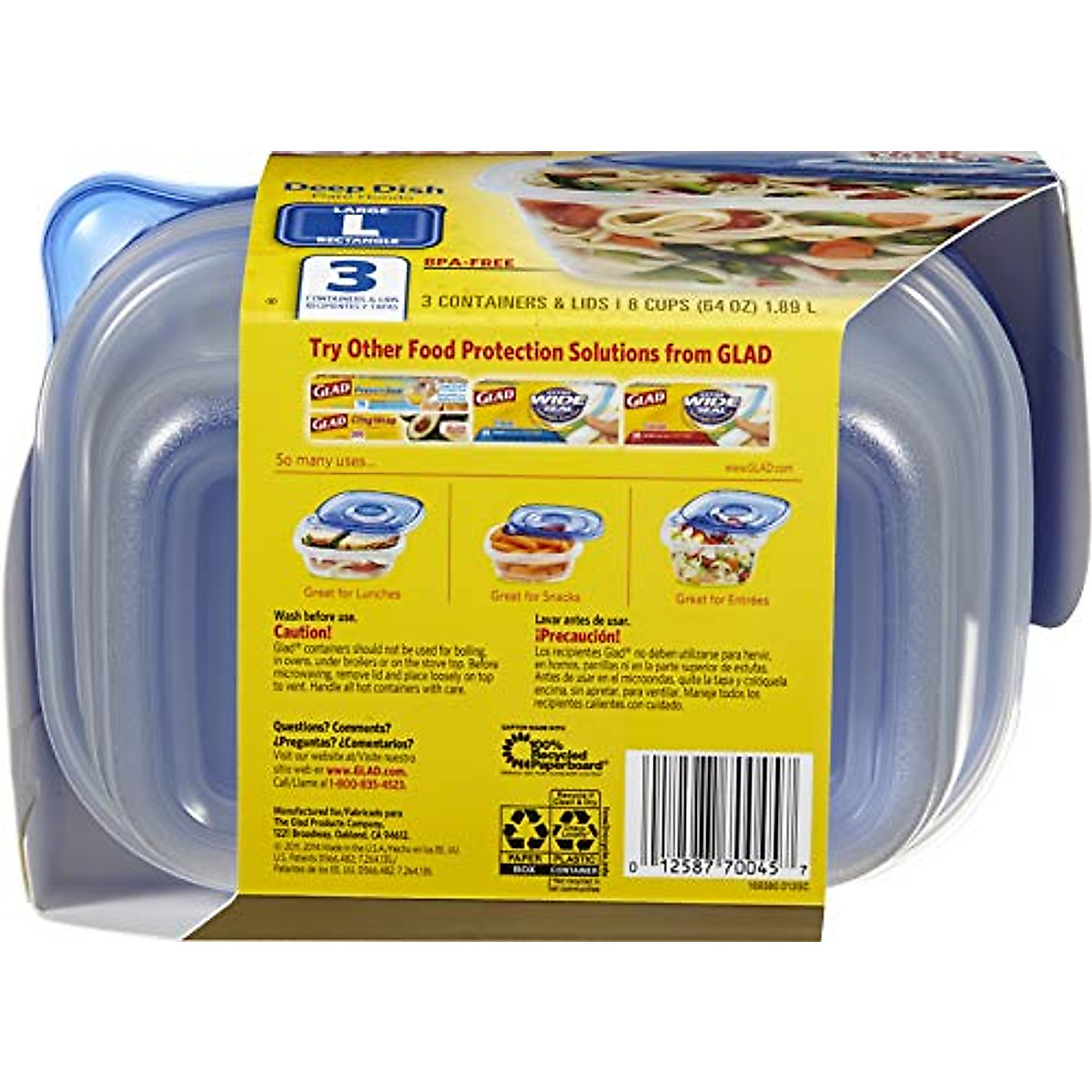 GladWare Deep Dish Food Storage Containers, 3 Count, Standard & GladWare Tall Entrée Food Storage Containers | Large Square Containers for Food Hold up to 42 Ounces of Food, 3 Count