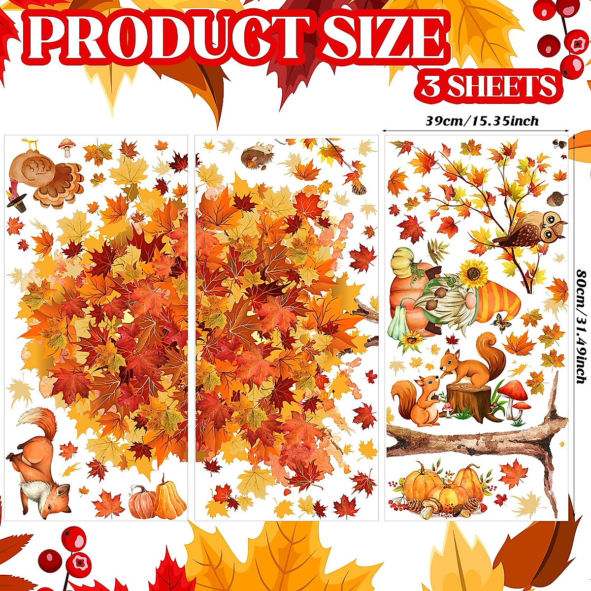 Cholemy 3 Sheets Thanksgiving Wall Stickers Thanksgiving Wall Decals Harvest Pumpkin Maple Leaf Tree Wall Decoration Fall Window Sticker Removable Farmhouse Wallpaper for Living Room Bedroom