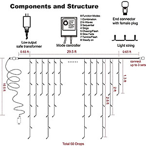 Blissun 360 LED Iciclelights, 29.5FT 8 Modes Curtain Fairy Lights with 60 Drops, Christmas Outdoor String Lights for Wedding Halloween Thanksgiving Party Home Garden Indoor Decorations, Blue
