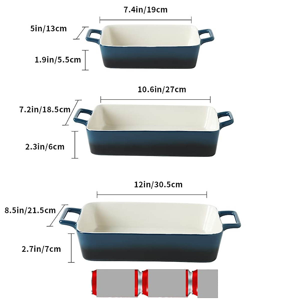 KOOV Bakeware Set, Ceramic Baking Dish, Rectangular Baking Pans Set, Casserole Dish for Cooking, Cake Dinner, Kitchen, Wrapping Upgrade, 12 x 8.5 Inches, 3-Piece (Gradient Blue)