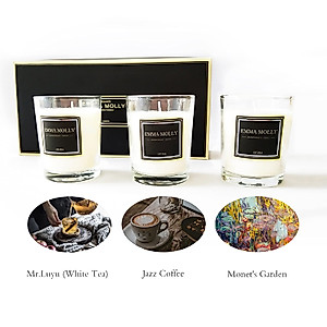 Scented Candles Gift Set White Tea + Jazz Coffee + Monet's Garden, 3 pcs Small Jar Aromatherapy Fragranced Candles, Assorted, 33 Hours Burning