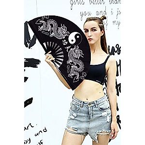 Amajiji Large Rave Folding Hand Fan for Men/Women, Chinese Japanese Kung Fu Tai Chi Handheld Fan Performance Fan Festival Gift Fan Craft Fan Folding Fan Dance Fan (Black Dragon)