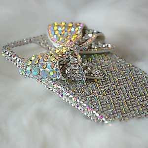 redecarie Cute Bow Case for Samsung Galaxy S9 Plus,Bling Glitter Diamond Crystal Rhinestone Women Girls Kids Shiny Sparkle with Flowers Lanyard Clear Protective Phone Case,Silver Bow